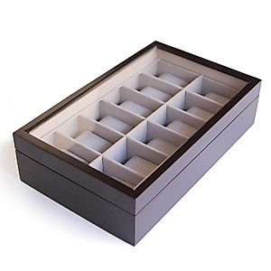 CASE ELEGANCE Solid Espresso 12 Slot Wood Watch Box Organizer with Glass Display Top