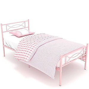 Pink Twin Bed Frame for Girls, Bed Mattress Foundation Support with Headboard and Footboard No Box Spring Need Metal Platform Bed