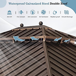 MELLCOM 12' x 14' Hardtop Gazebo, Brown Permanent Pavilion Gazebo with Curtains and Netting, Galvanized Steel Metal Double Roof Aluminum Gazebo with Aluminum Frame for Patios, Gardens, Lawns