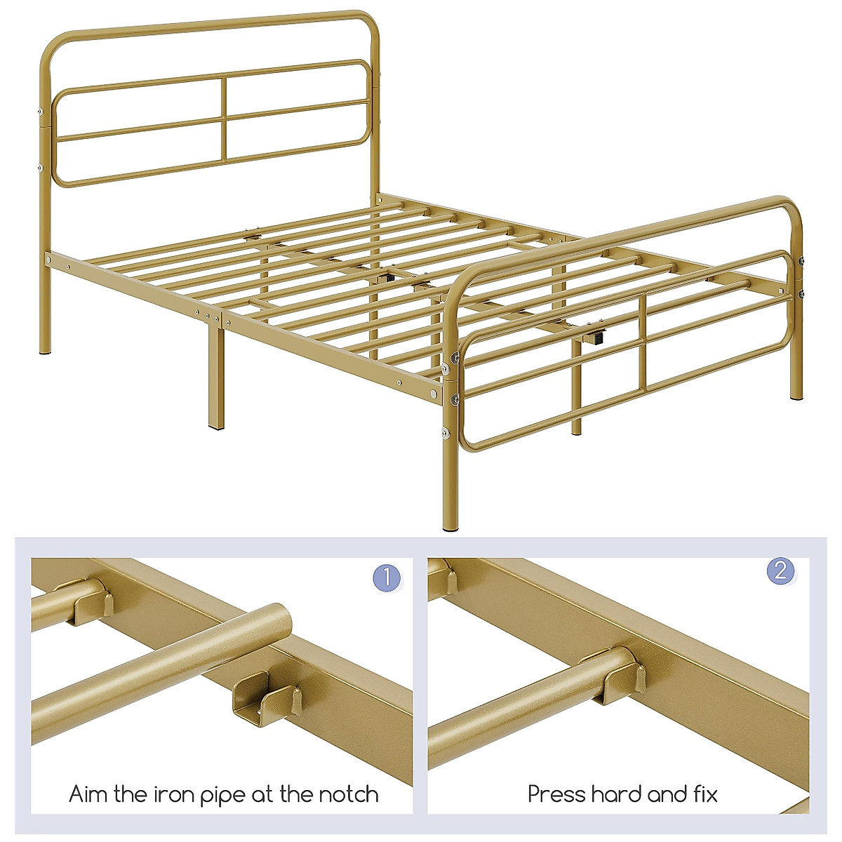 Yaheetech Queen Bed Frame Metal Platform Bed with Geometric Patterned Headboard, Mattress Foundation with Under Bed Storage/Sturdy Slat Support, No Box Spring Needed, Antique Gold