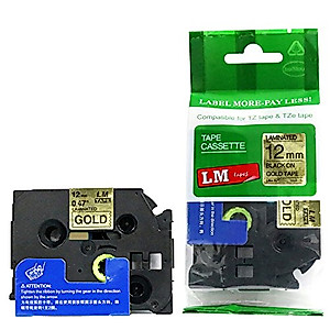 LM Tapes - Brother PT-1180 1/2" (12mm 0.47 Laminated) Black on Gold Compatible TZe P-Touch Tape for Brother Model PT1180 Label Maker with Free Tape Guide Included