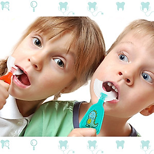 CHENGU 4 Pieces Kids U Shaped Toothbrush Manual Training Tooth Brush Whitening Massage Toothbrush Whole Mouth Toothbrush for Kids 2-12 Years (Yellow, Green, Orange, Pink, Dinosaur Style)