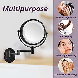 JERDON Wall-Mounted Black Makeup Mirror with LED Lighting - 5X-1X Magnification & 14” Extension - Direct Wire - Model HL65BKD