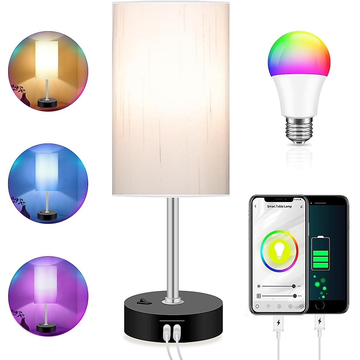 Peteme Smart RGB Bedroom Lamps with APP Control & Music Sync, 2 USB Port Dimmable Alexa Lamps Bulb Included, Bedside Lamp, Nightstand Light for Bedrooms and Living Room
