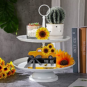 5 Pieces Spring Farmhouse Tiered Tray Decor Items Rustic Wooden Mini Truck Bundle Books Stack Sign for Spring Home Harvest Table Shelf Decorations (Sunflower Style)