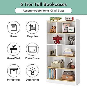 Tribesigns 72 Inch Tall White Bookcase, Modern Cube Bookshelf 6 Tier Bookcases, Large Open Display Shelf Storage Organizer for Living Room, Home Office, Library, Bedroom, White and Brown