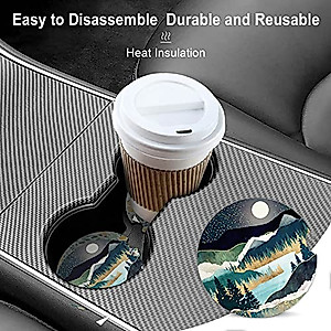 2 Pack Absorbent Car Coasters for Cup Holders,Ceramic Coasters with Cork Back and Finger Slot,Cool Cupholder Accessories to Keep Your Car Cup Holders Clean and Dry 2.56"(Mountains Nature Scenery)