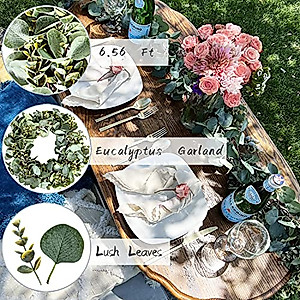 Eucalyptus Garland 6.56 Ft Lush Silver Dollar Eucalyptus Leaves Boxwood Artificial Faux Greenery Garland Vines for Baby Shower Wedding Party Table Runner Room Home Mantle Decor