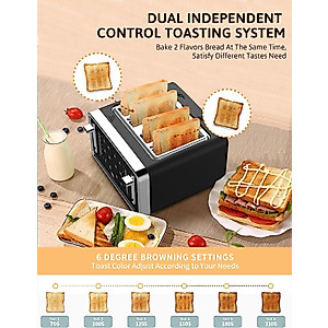 Gevi Toaster 4 Slice,Led Display Touchscreen Bagel Toaster with Dual Control Panels of Bagel/Reheat/Defrost/Cancel/Toasting One Slice/Longer Function,6 Shade Setting