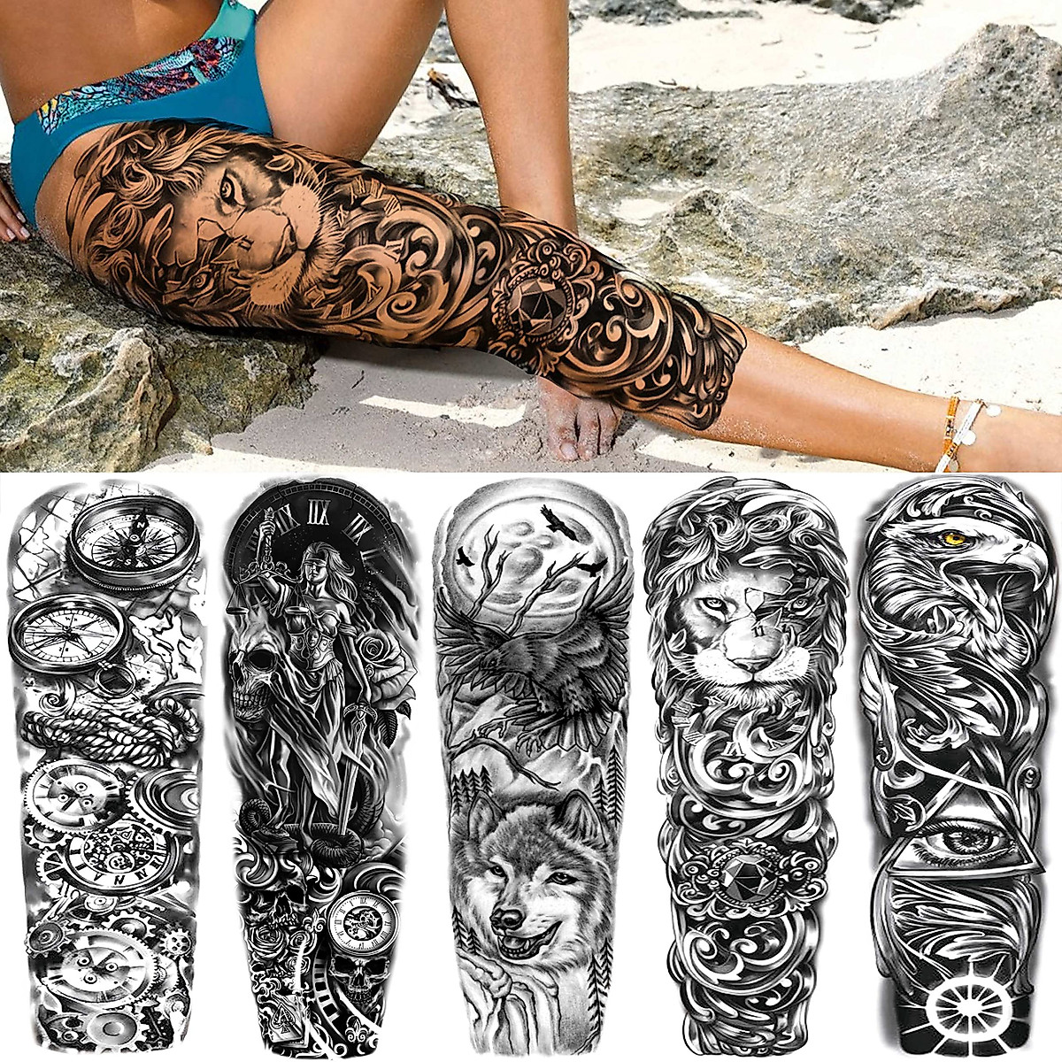 FANRUI 24 Sheets Cool Super Large Full Arm Temporary Tattoo Sleeve For Men with 8 Sheets For Women Thigh, 16 Sheets Flower Eagle Compass Adults Tribal Tiger Tatoo