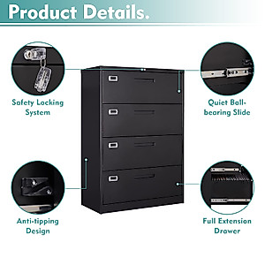 MIIIKO 4 Drawer Lateral File Cabinet with Lock, White Lateral Filing Cabinet, Large Deep Drawers Locked by Keys, Metal Storage File Cabinet for Hanging Files Letter/Legal/F4/A4 Size