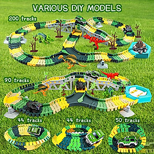 EpochAir Dinosaur Toys, 192pcs Create A Dinosaur World Road Race, Flexible Track Playset and 2 Pcs Cool Dinosaur Cars, 3pcs Dinosaurs for 3 4 5 6 7 8 Year Old Boys Girls Kids Best Birthday Gifts