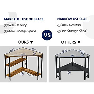Auromie Corner Desk with Outlets & USB Ports, 90 Degree Triangle Corner Table with CPU Stand & Storage Shelves for Small Space, Computer Table with Charging Station for Home Office Bedroom (Rustic)