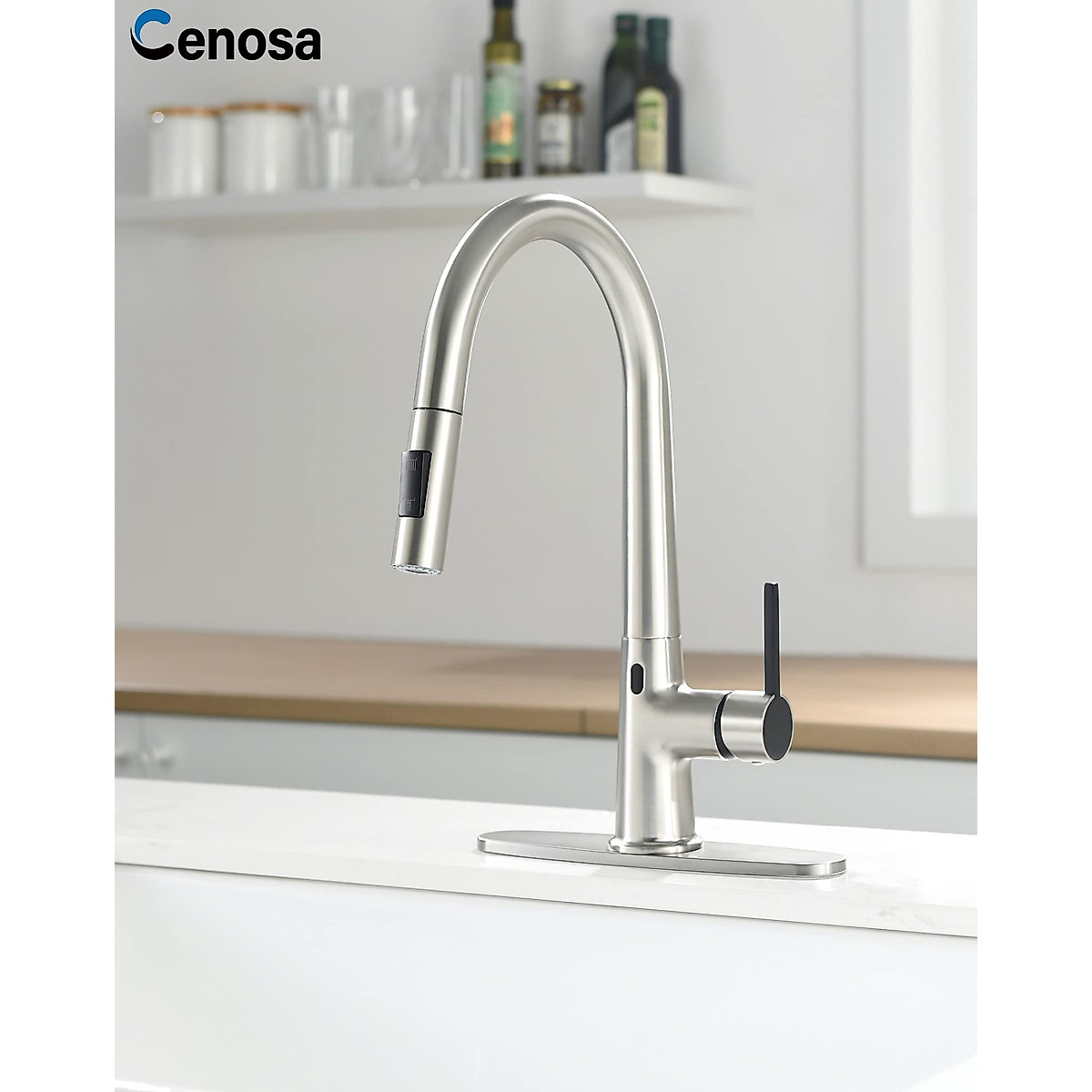 Touchless Kitchen Faucet with AC Adapter, Smart Motion Sensor Hands Free Single Handle Kitchen Sink Faucet with Pull Down Sprayer, Brushed Nickel