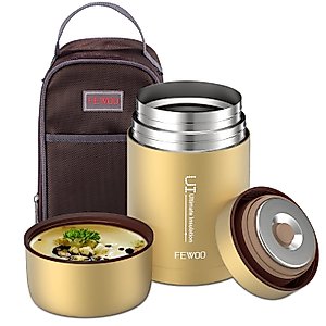FEWOO Food Jar - 27oz Vacuum Insulated Stainless Steel Lunch Thermos, Leak Proof Soup Containers with bag for Hot or Cold Food (Champaign Golden)