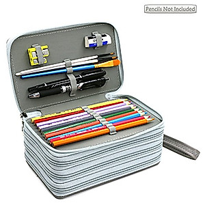 YOUSHARES 72 Slots Pencil Case - PU Leather Handy Multi-layer Large Zipper Pen Bag with Handle Strap for Colored / Watercolor Pencil (Gray)