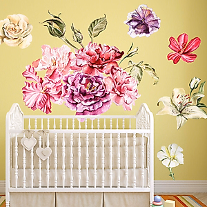 Amaonm Removable 3D Beautiful Pink Red Peony Flower with Green Plants Leaf Wall Decal Wall Stickers DIY Peel and Stick Art Decor for Kids Girls Bedroom Living Room Nursery Decoration (C)