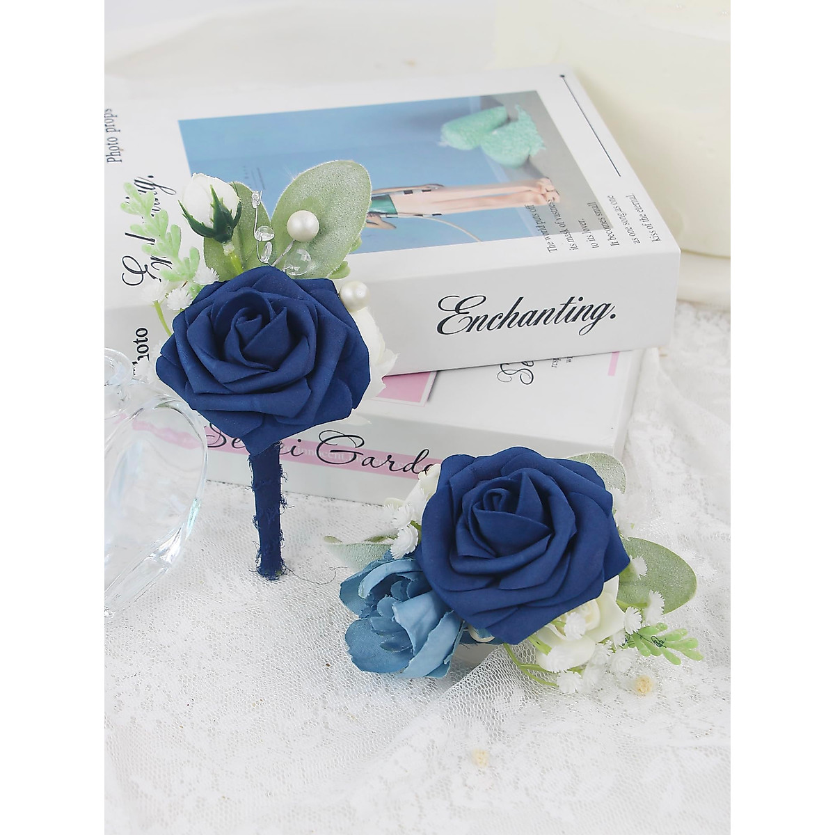 Rinlong Navy Blue Rose Corsage and Boutonniere Set for Men Wedding Homecoming Prom