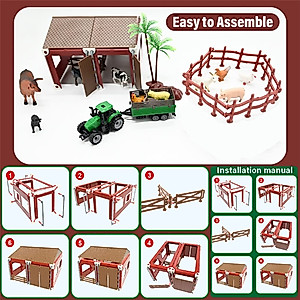 BOLZRA Mini Barn Farm Toys Playset, 66PCS Plastic Animals Figurines and Fence Farm Playset, Farm Figures Farmer Vehicle Toy Truck with Trailer for 3-12 Years Old Kids Boys Girls Toddlers
