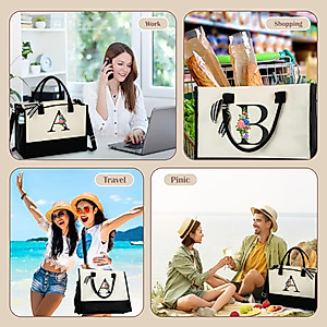 QLOVEA Tote Bag for Women, Initial Beach Bag w Shoulder Strap, 2 Side Pocket and Inner Pocket, Unique Present Bag, Birthday Gift for Mom, Grandma, Aunt, Wife, Coworker, Sister-in-Law Letter J