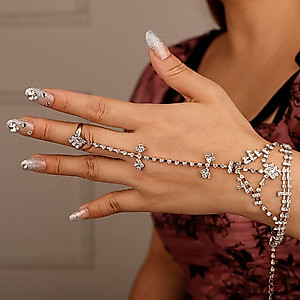 Rumtock Silver Rhinestones Link Chain Hand Harness with Finger Ring Women Girls Wedding Prom Party Bracelet Boho Hand Chain Jewelry
