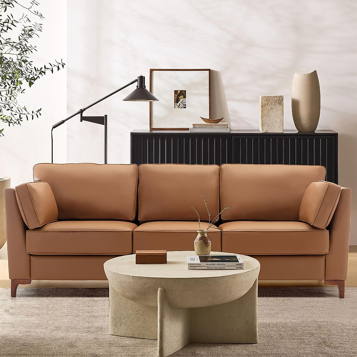 COLAMY Faux Leather Sofa Couch, Modern 3-Seater Couch for Living Room/Small Space/Bedroom, Comfy Couch with Solid Wooden Frame and Metal Legs, Brown