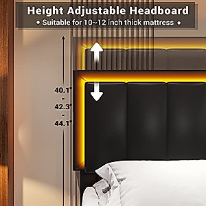 Hasuit Queen Bed Frame with 4 Storage Drawers, LED Light Queen Size Platform Bed with Charging Station, Artificial Leather Upholstered Bed with Adjustable Headboard, No Box Spring Needed