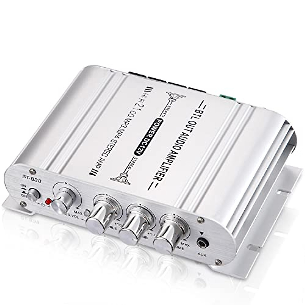 Facmogu ST-838 2.1CH Audio Power Amplifier, RMS 20Wx2+40W Class D Stereo Digital Audio Amp with Subwoofer Output, 80W Mini Subwoofer Amplifier Audio Stereo Bass Amp with DC12V Power Adapter - Silver
