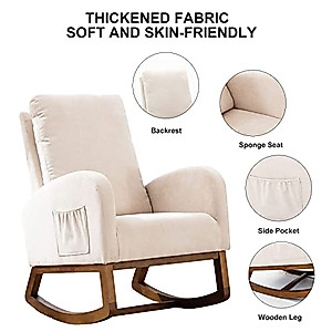 jeerbly Nursery Rocking Chair,Upholstered Fabric Accent Armchair,Wooden Padded Seat with 2-Side Pocket,Nursing Chair with Rubber Wood Legs,Glider Chair for Nursery,Living Room,Home Office (Beige)