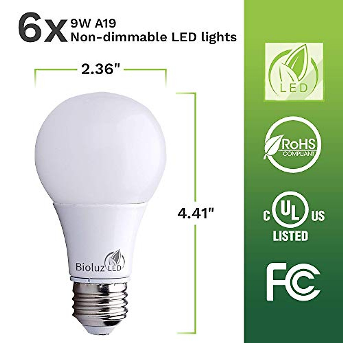 Bioluz LED 60 Watt LED Light Bulbs 2700K Warm White 9 Watts = 60W Non-Dimmable A19 LED Light Bulbs 6 Pack
