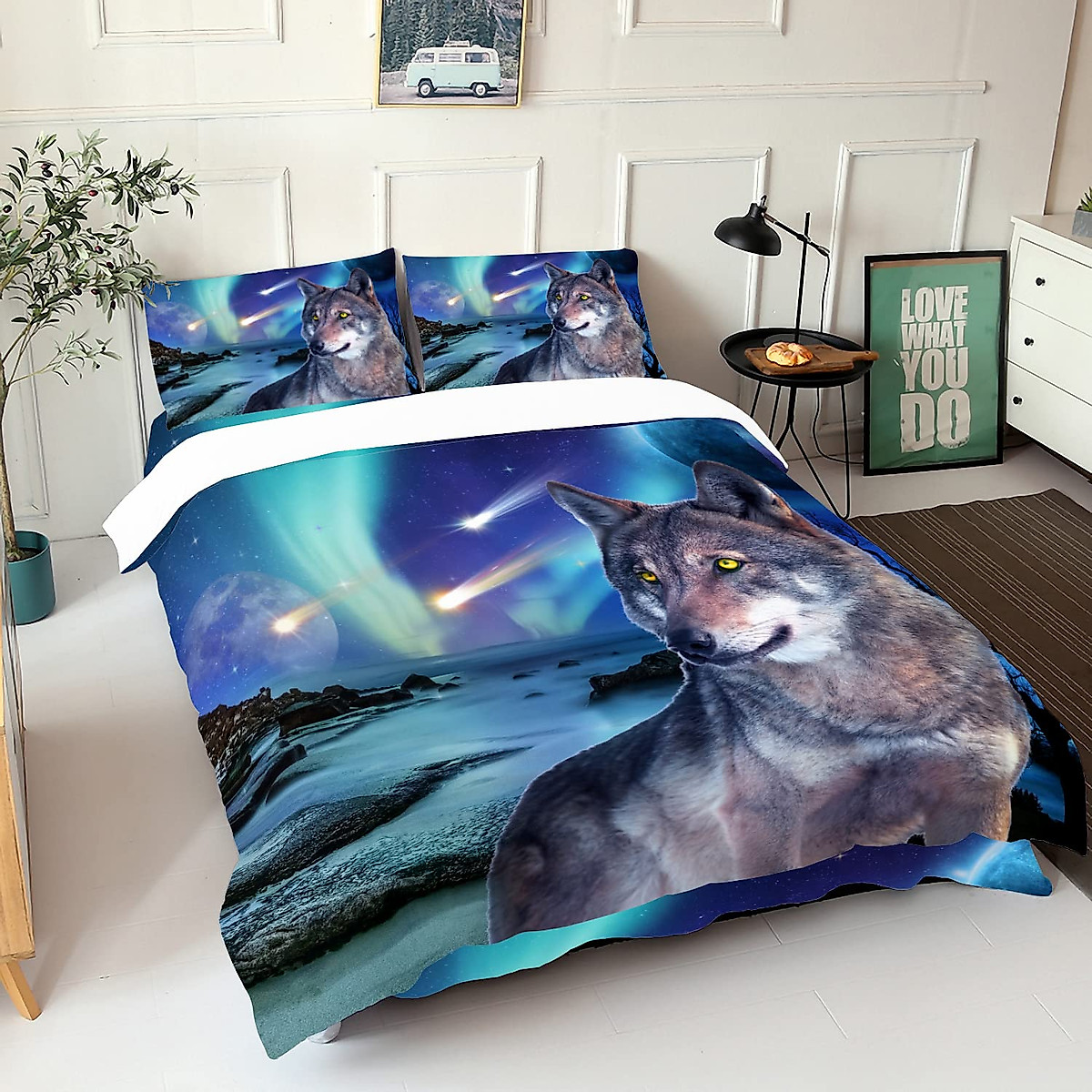 AILONEN Wolf Duvet Cover 3 Piece Set Twin Size, Blue Starry Night Moon Aurora Borealis Meteorite Bedding Set- Outdoor Wolf Wild Animals Theme Quilt Cover and 2 Pillowcases
