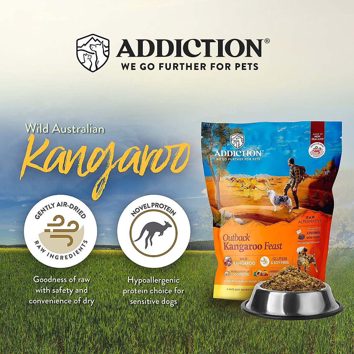 Addiction Outback Kangaroo Feast Raw Alternative Dog Food - Gently Air-Dried Complete Meal or Dog Food Topper for Digestive and Skin and Coat Health, 2 lb