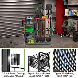 JKsmart Garden Tool Organizer for Garage, Large Utility Yard Tool Organizers and Storage Holder with Wheels, 3 Tier Garden Tool Rack with Extra Storage Basket for Garden/Garage/Shed/Basement