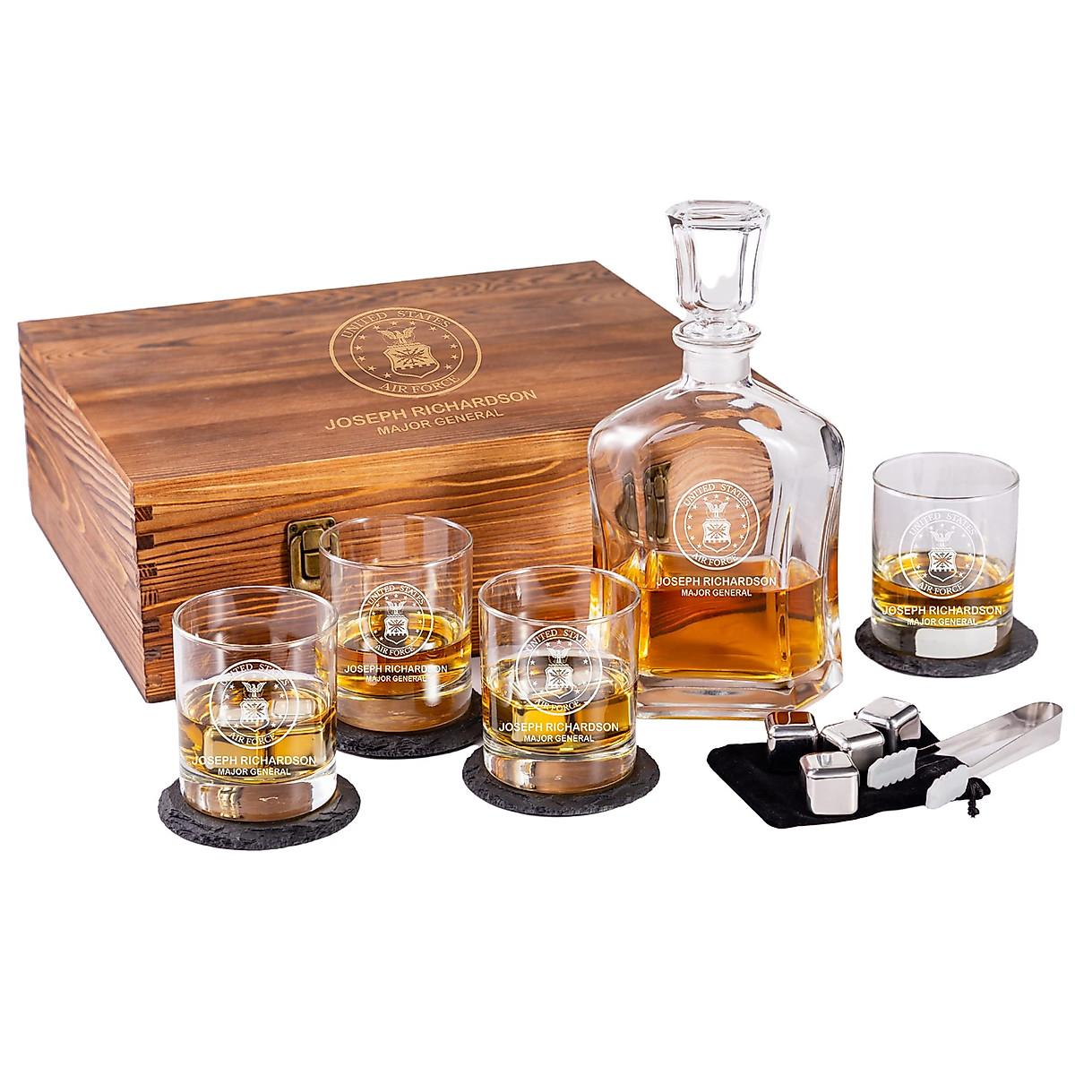 Personalized Military Whiskey Decanter Set - Custom Engraved Decanter & 4 Scotch Glasses - Army, Navy, Air Force, Coast Guard - Active Duty & Veterans