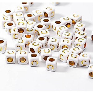Bxwoum 100 Pieces 6x6mm Acrylic Alphabet Letter Beads Gold Letters White Cube Bead Letter C Beads for Jewelry Making Bracelets Necklaces Key Chains