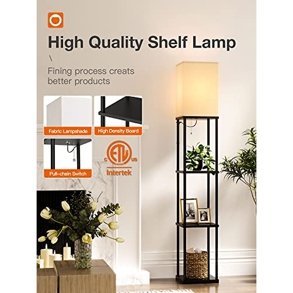 addlon LED Modern Shelf Floor Lamp with 3CCT LED Bulb and White Lamp Shade - Display Floor Lamps with Shelves for Living Room, Bedroom and Office - Black