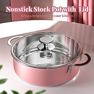 Tauvirboff Cooking Pot with Lid, 7 Quart Non Stick Pink Stainless Steel Pot with Glass Lid, Large Capacity Nonstick Stock Pot Dual Handle Soup Pot Pasta Pot Suitable for All Stoves, PFOA Free (Pink)