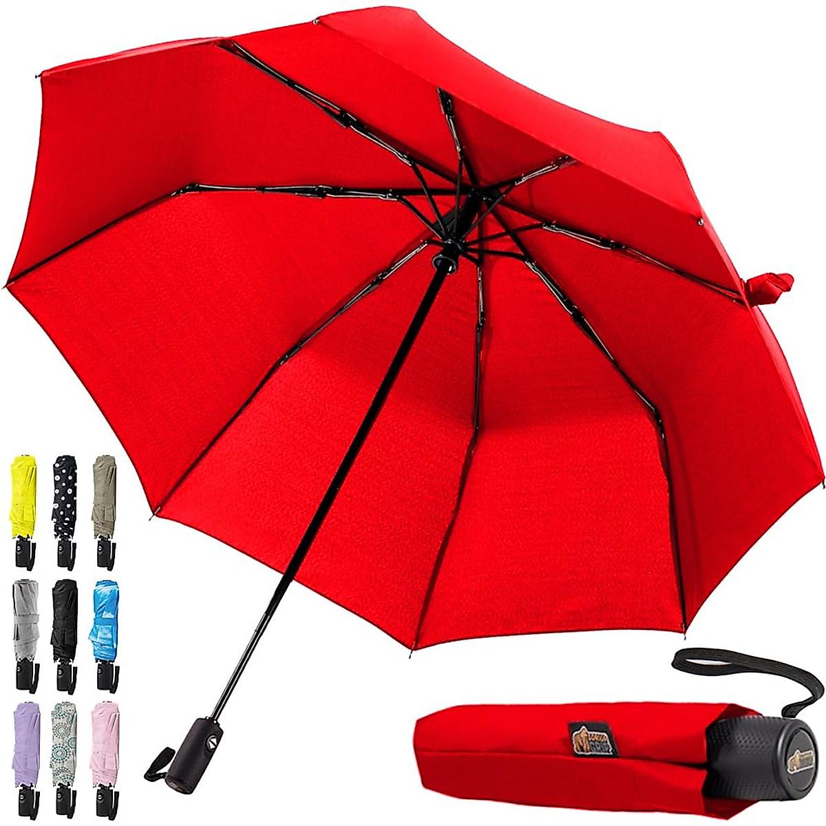 Gorilla Grip Compact Travel Umbrella for Rain, Windproof Reinforced Ribs, Teflon Coated, Portable, One-Click Automatic Open and Close, Collapsible and Lightweight Small Umbrella, 42 Inch, Red