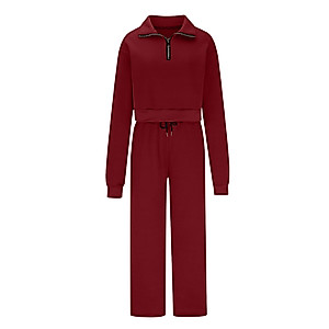DOLKFU deals of the day clearance prime lounge set Womens Half Zip Long Sleeve Casual Hoodies Tracksuit Wide Leg Loose Jogger Pant Fall Fashion 2 Piece Outfits Red L