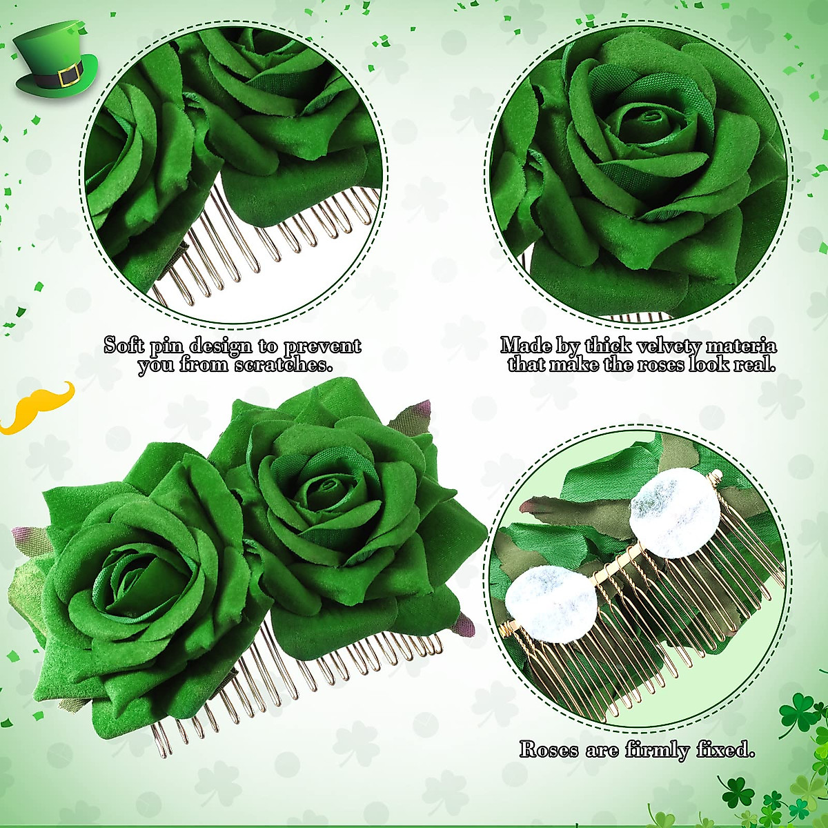MTLEE 2 Pieces Green Rose Flower Hair Clip St. Patrick's Hair Accessories Irish Rose Hairpin St. Patrick's Day Hair Clip Comb for Girls Girlfriends Women St Patrick's Day Party Decorations