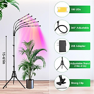 Wolezek Grow Lights for Indoor Plants, Full Spectrum LED Plant Grow Light with Adjustable Stand and Sturdy Clip, 5-Heads Plant Light with Auto 6/12/16H Timer, 3 Light Modes, 5 Levels Dimmable