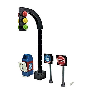 Building Bricks Toys City Town Village Street Main Road Arch Traffic Light, Stop Sign, Bus Stop, Post Box, Road Sign, 4 PCS Playset. for Kids 4+ Plastic