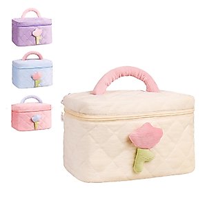 Cute Tulip Cosmetic Bag Large Capacity Makeup Bag Multifunctional Portable Wash Pouch for Travel Lightweight Skincare Toiletry Bag for Women (White)
