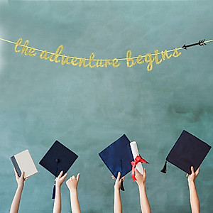 Glitter The Adventure Begins Banner - 2022 Graduation Decor, Retirement Bridal Shower Engagement Party Decoration Supplies Gold