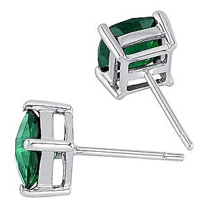 Peora Created Emerald Stud Earrings for Women in 14K White Gold, Classic Solitaire, Cushion Cut 6mm, 1.75 Carats total, Friction Back