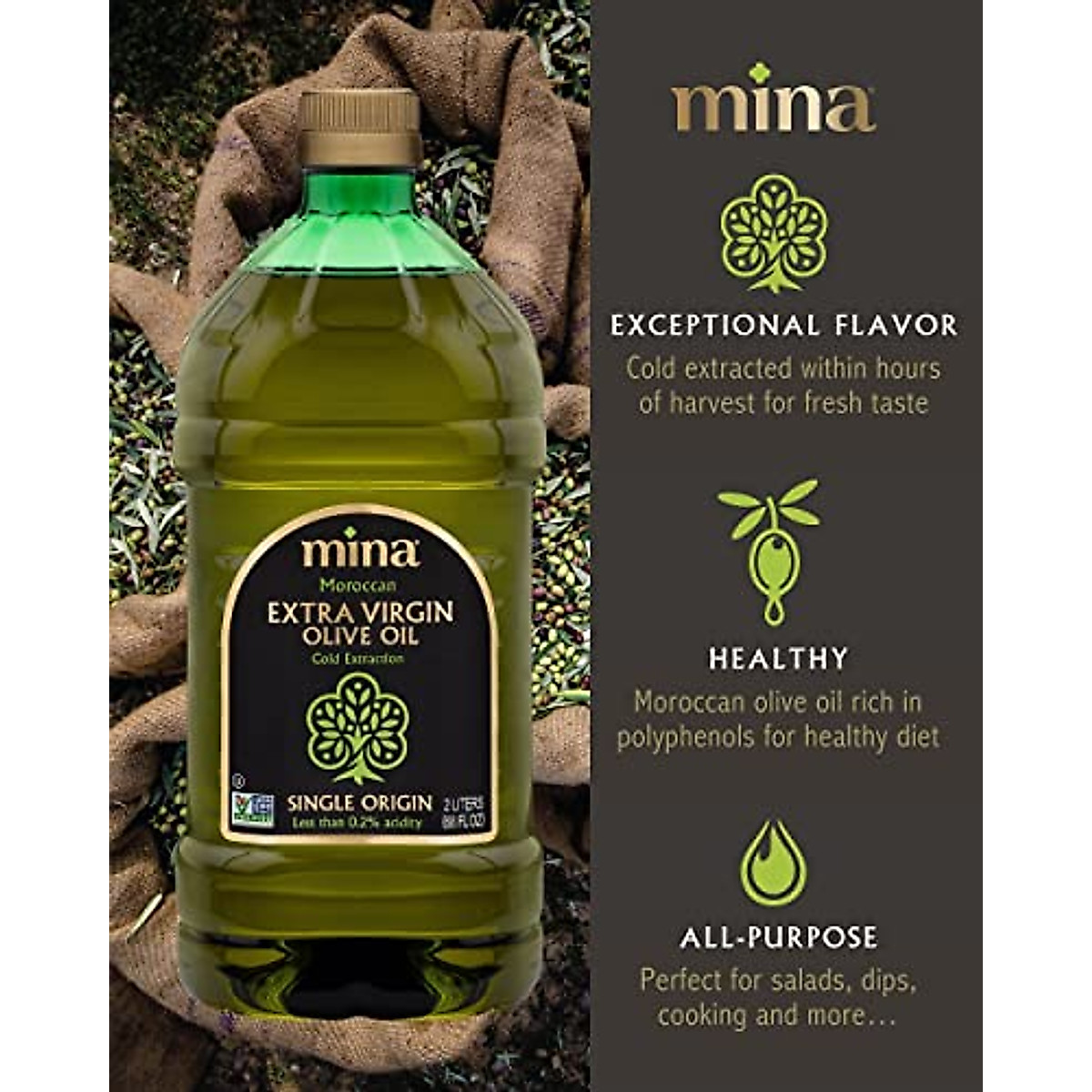 Mina Extra Virgin Olive Oil, New Harvest, Polyphenol Rich Moroccan Olive Oil, Cold Extraction, Single Origin Olive Oil, Less Than 0.2% Acidity, 68 Fl Oz, 2 L