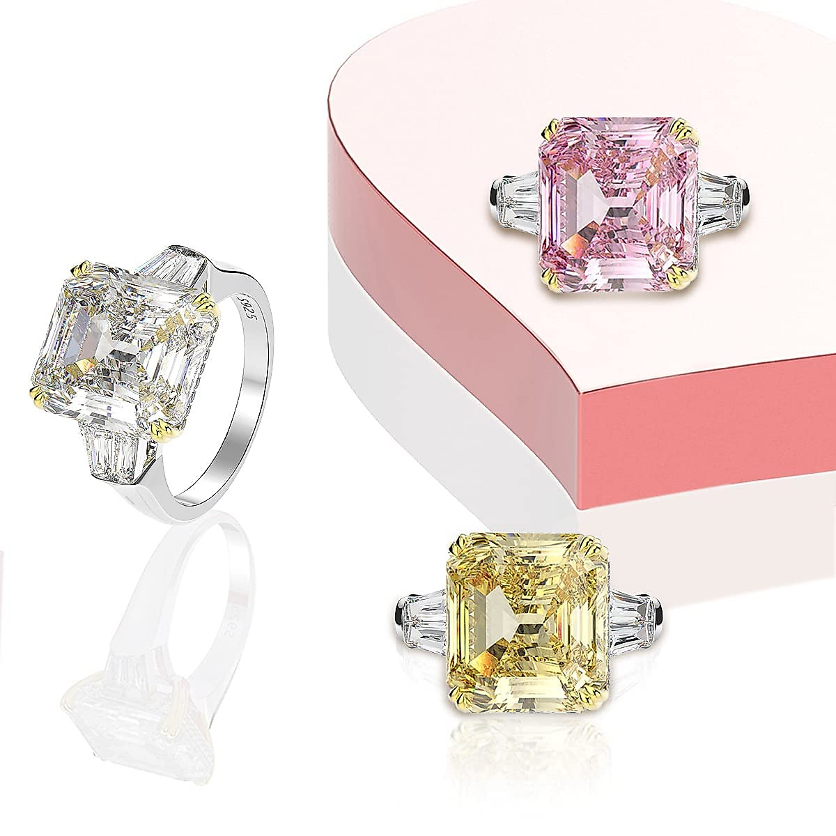 AINUOSHI Engagement Rings for Women Emerald Cut Solitaire 3 Stones 9 Carat Cubic Zirconia CZ Sterling Silver Wedding Band Anniversary Birthday Gift