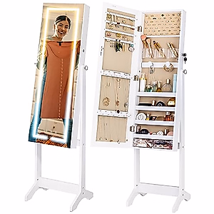 LUXFURNI LED Light Jewelry Cabinet Standing Full Screen Mirror Makeup Lockable Armoire, Large Cosmetic Storage Organizer w/Brush Holder (White)