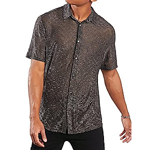 WDIRARA Men's Contrast Glitter Button Front Shirt Stand Collar Shirt Short Sleeve Tops Black XL