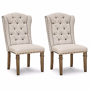 Signature Design by Ashley Markenburg 20" Retro Tufted Upholstered Dining Side Chair with Nailheads, Set of 2, Beige & Dark Brown